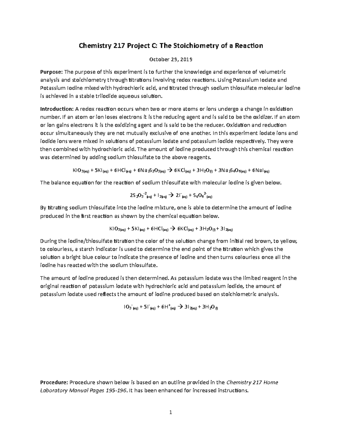 Chemistry 217 Lab Report: Project C - Stoichiometry of a Redox Reaction ...