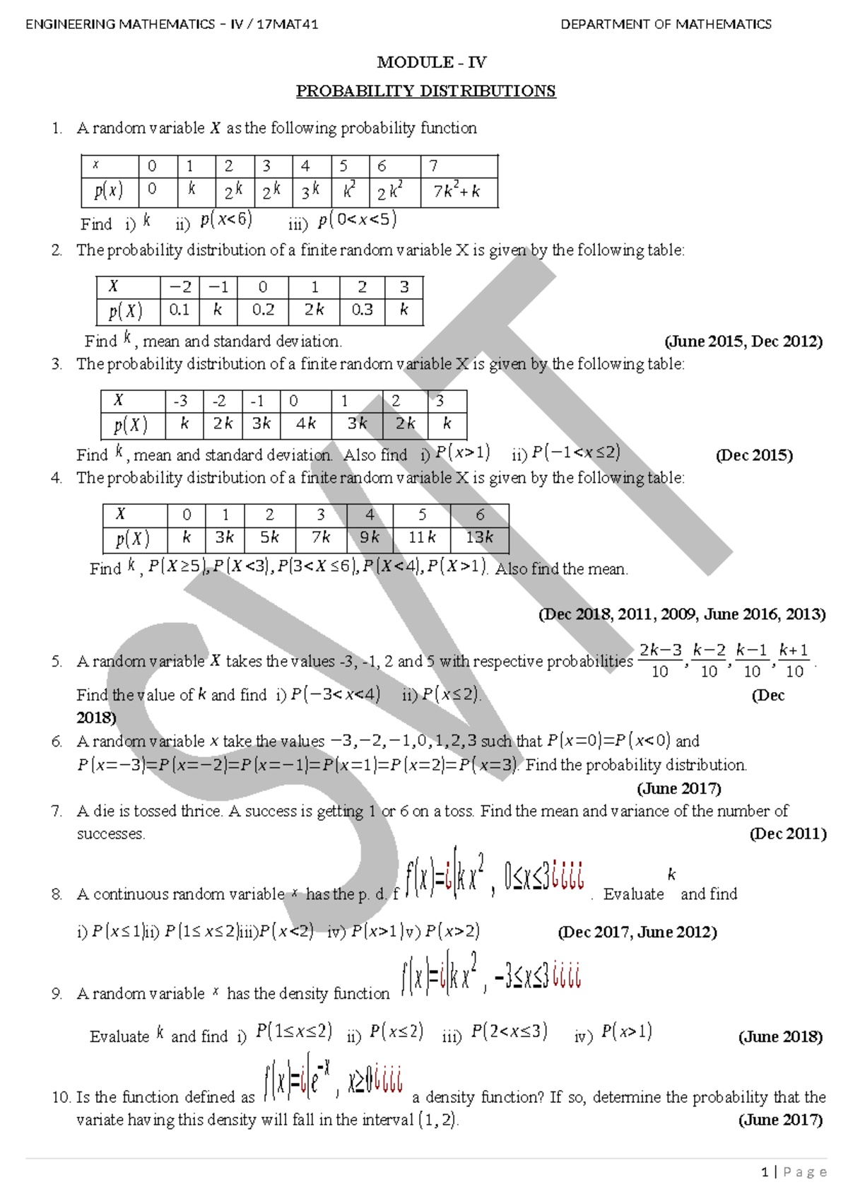 Engineering Mathematics IV 17MAT41: Module 4 Probability Distributions ...