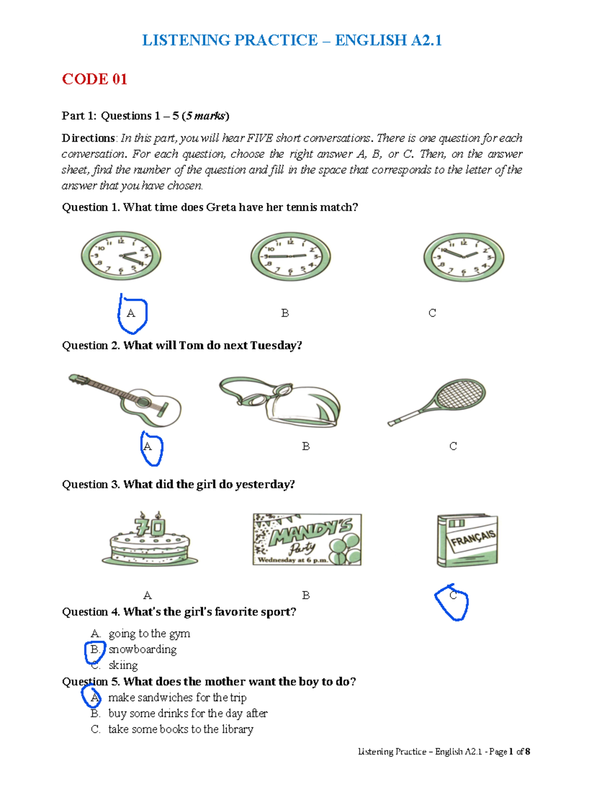 A2- Listening Practice Tests - Short Conversations & Questions - Studocu
