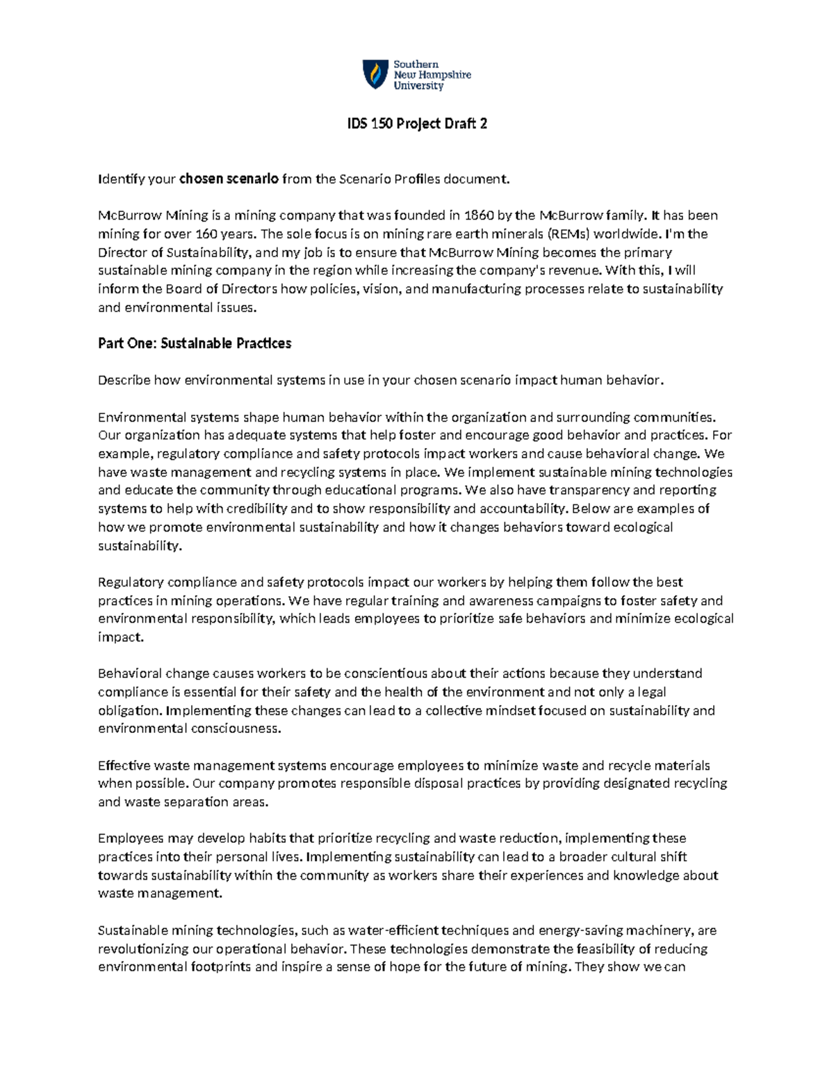 IDS 150 Project Draft 2: Sustainable Practices in McBurrow Mining - Studocu