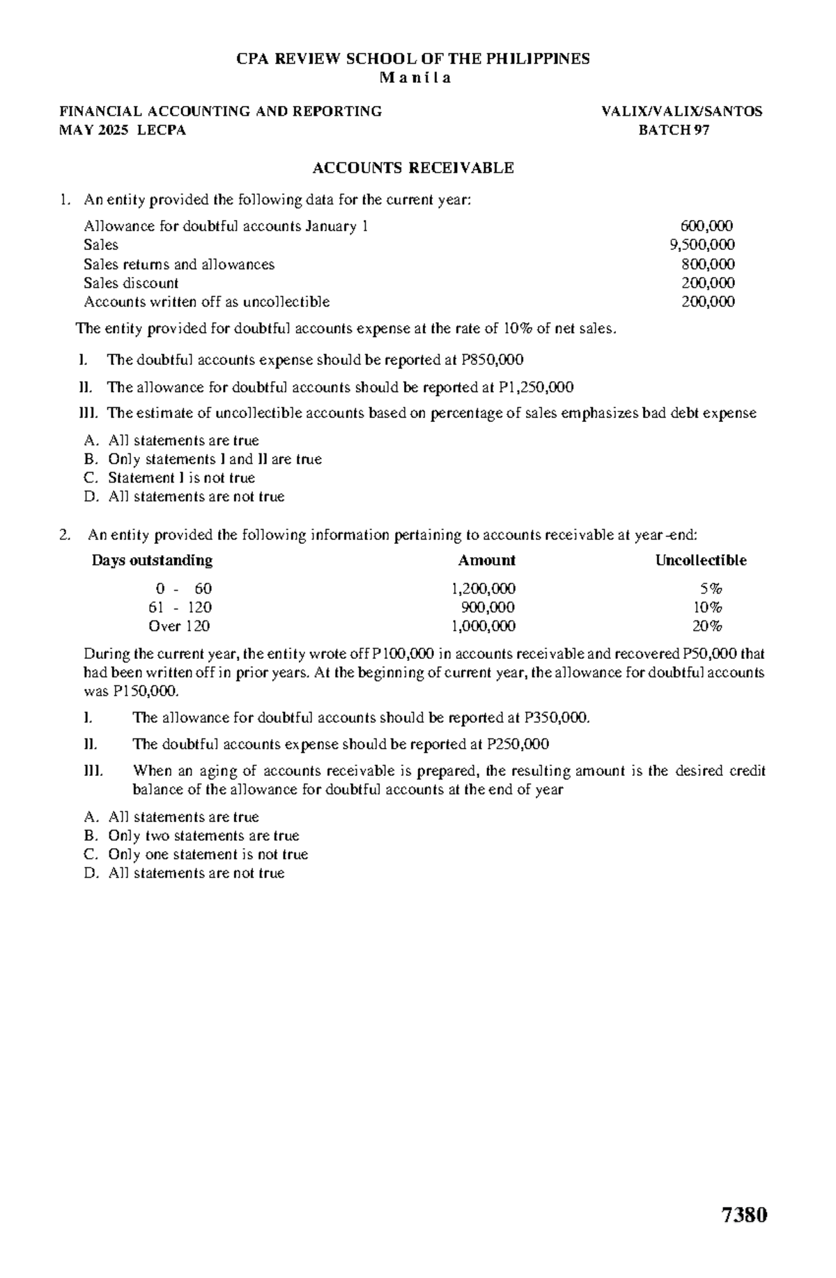 CPA REVIEW: FINANCIAL ACCOUNTING & REPORTING - ACCOUNTS RECEIVABLE 7380 ...