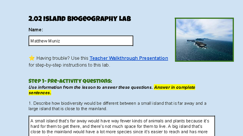 2.02 Island Biogeography Lab Template - Matthew Muniz - Studocu
