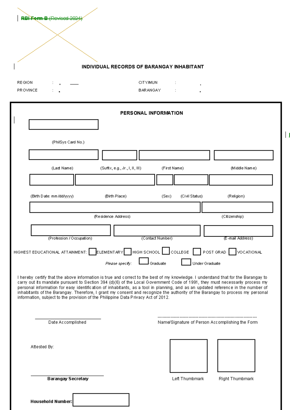 RBI Form B - Individual Records of Barangay Inhabitant (Revised 2024 ...