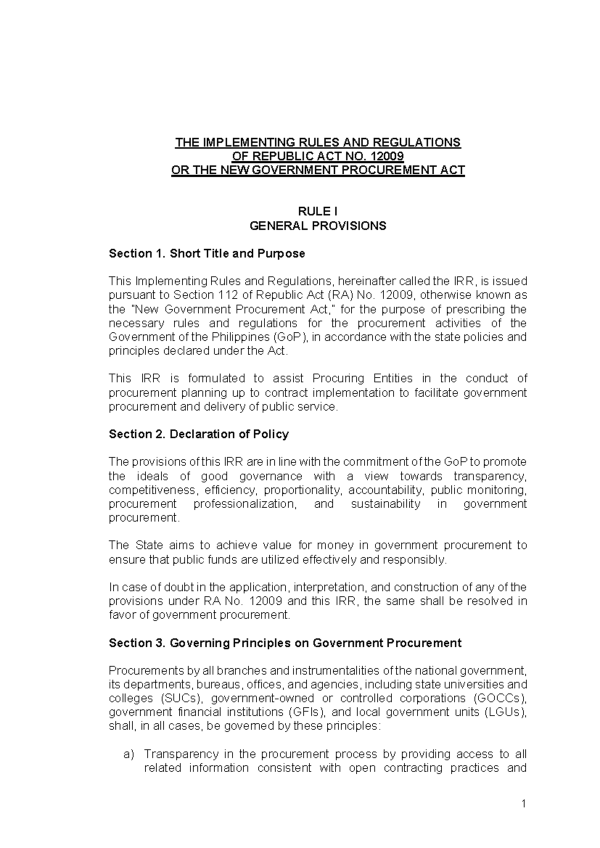 Implementing Rules and Regulations of RA 12009: Governing Procurement ...