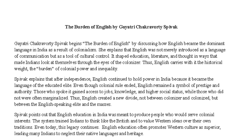 The Burden of English: Insights from Gayatri Chakravorty Spivak - Studocu
