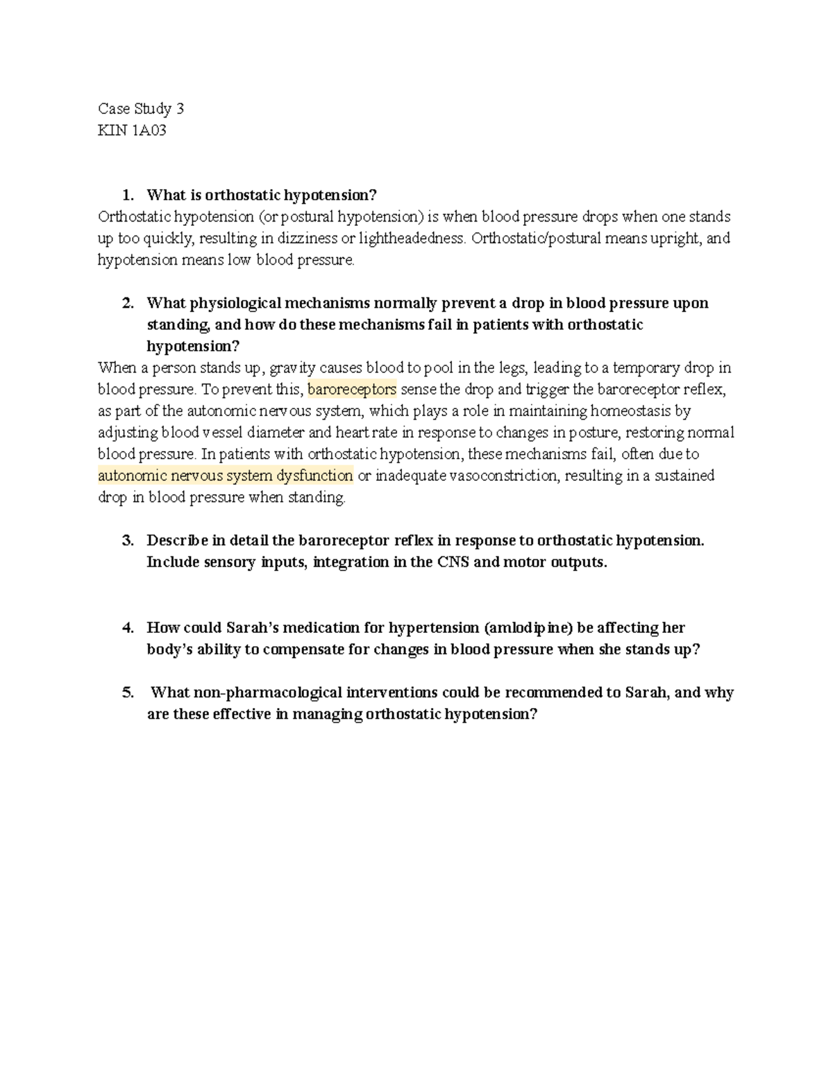 Case Study 3 KIN 1A03: Understanding Orthostatic Hypotension Mechanisms ...