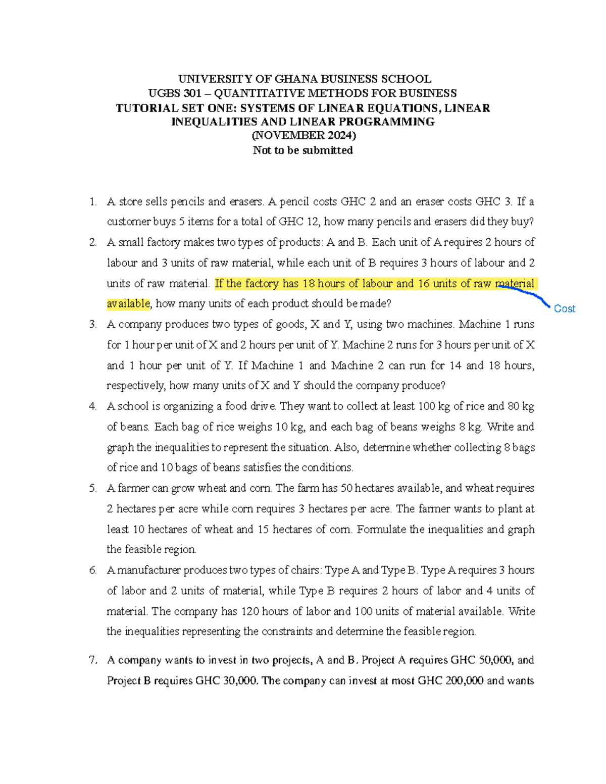 UGBS 301 Tutorial Set 1: Linear Equations & Programming Techniques ...