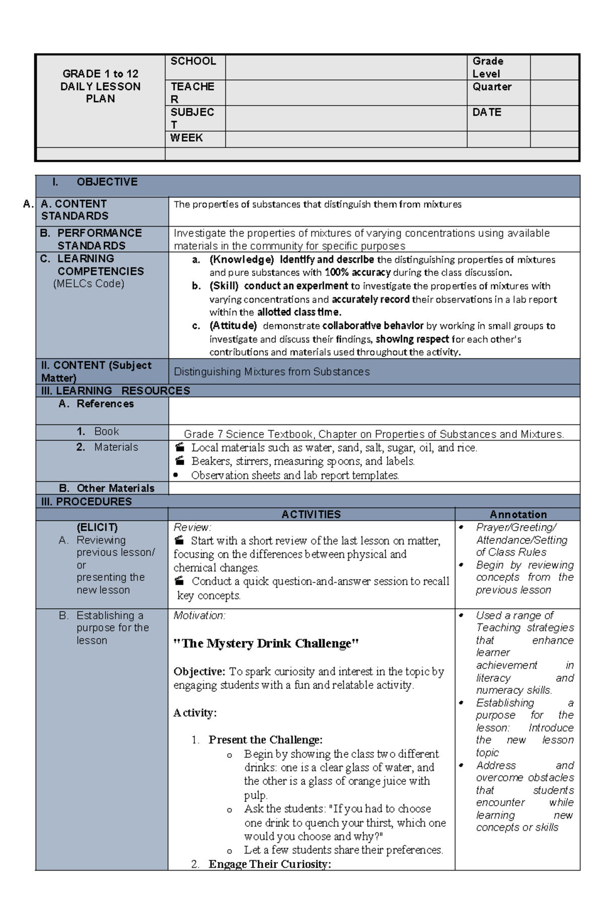 Grade 7 Science Lesson Plan: Distinguishing Mixtures from Substances ...