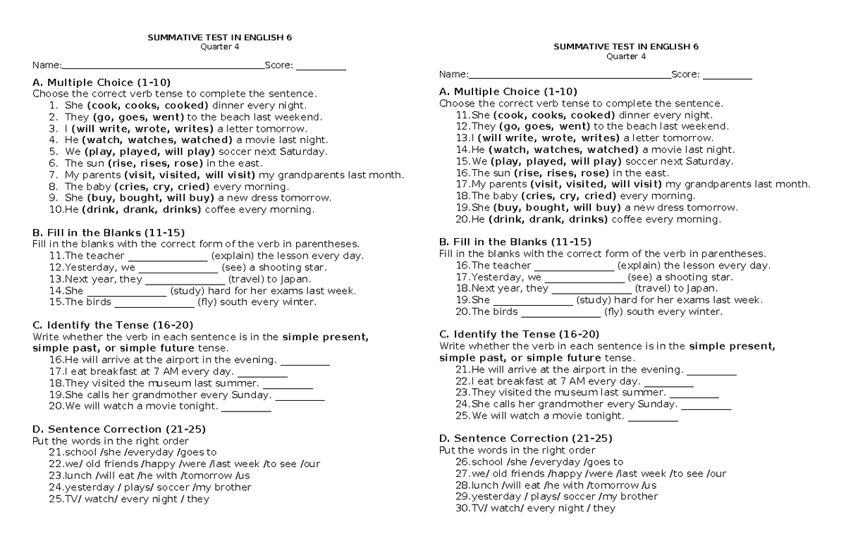 Summative Test ENGLISH 6: Simple Tenses of the Verb (Quarter 4) - Studocu