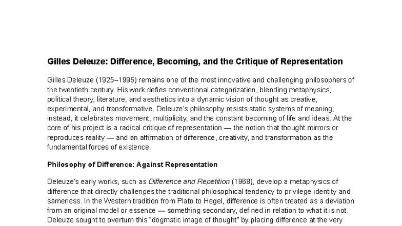 Deleuze: Difference, Becoming, and Critique of Representation Notes ...