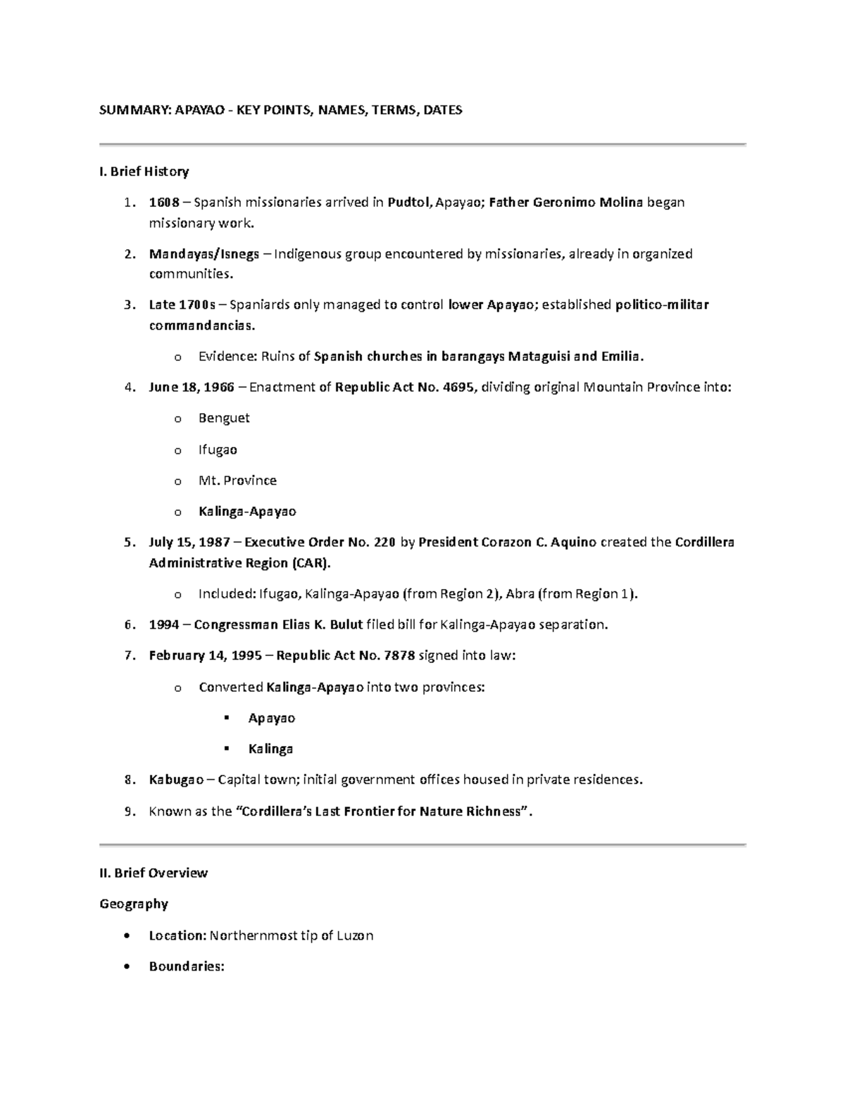 SUMMARY: APAYAO KEY POINTS, NAMES, TERMS, DATES - Studocu