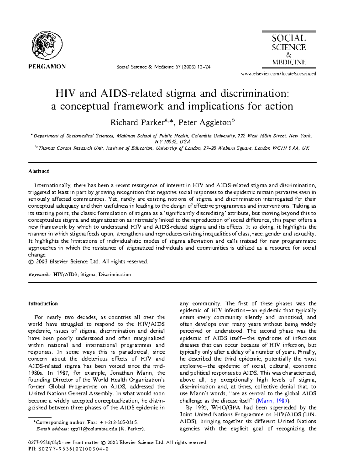 HIV and AIDS Stigma & Discrimination: A Conceptual Framework (SSM 57 ...