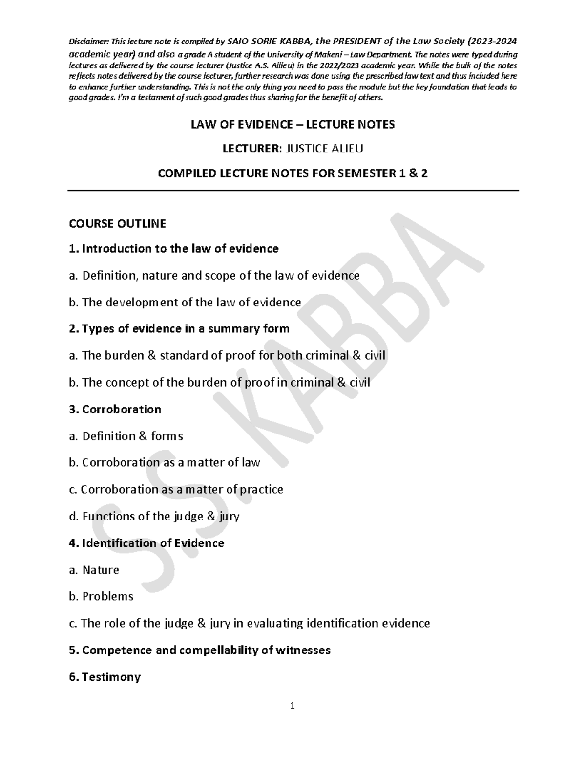 LAW OF EVIDENCE LECTURE NOTES - SEMESTER 1 & 2 - Studocu