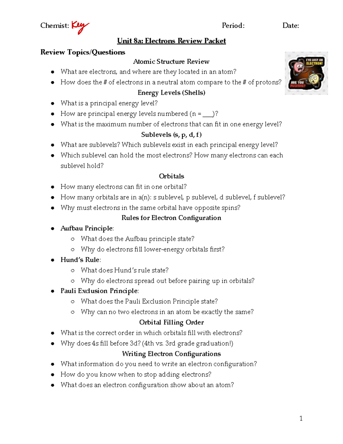 Unit 8a: Electrons Review Packet Answer Key - Studocu