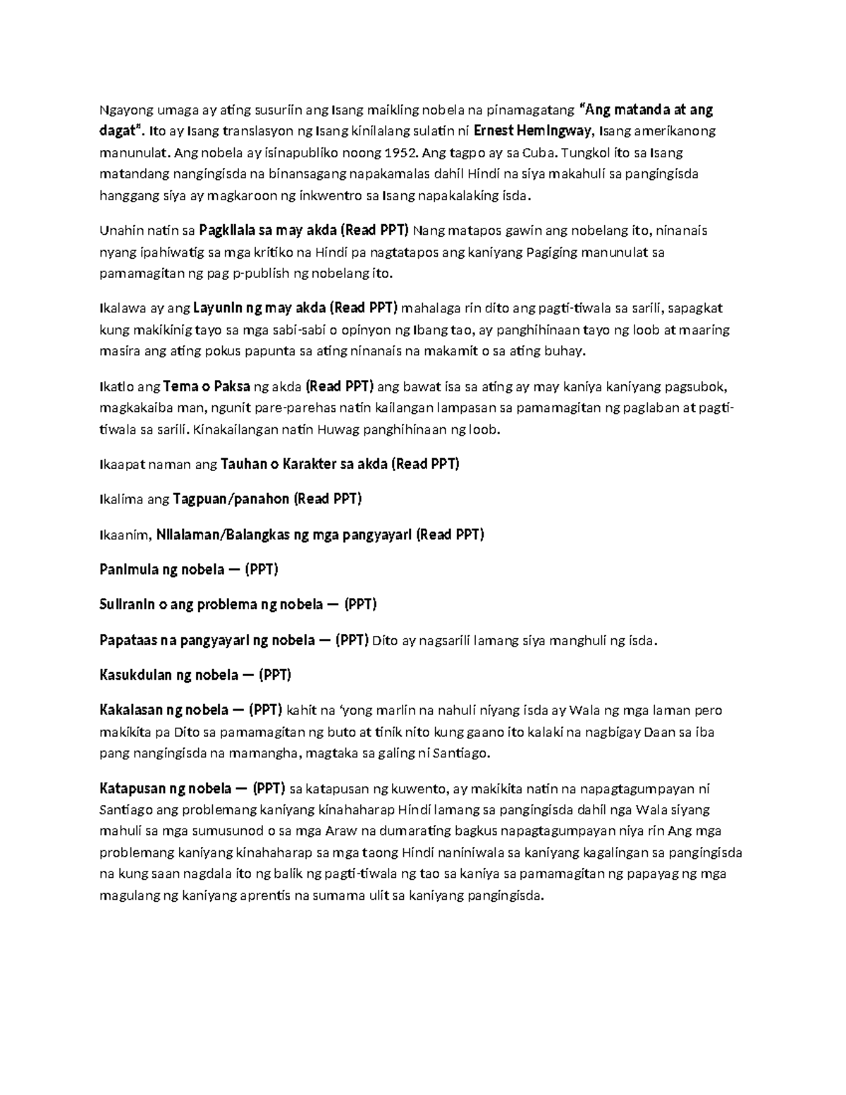 Pagsusuri sa Nobelang "Ang Matanda at ang Dagat": Tema at Tauhan - Studocu