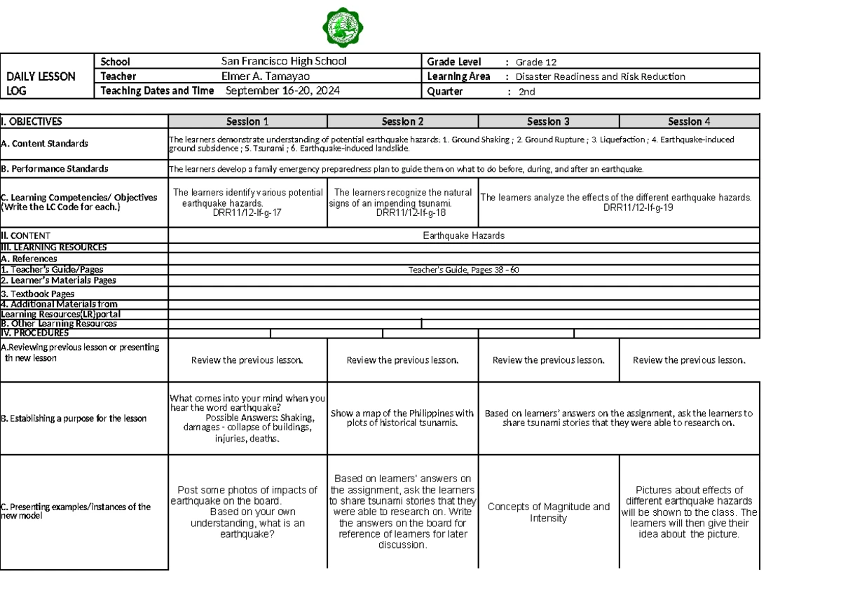Weekly Lesson Plan for Disaster Readiness - DLL (Week 10) - Studocu
