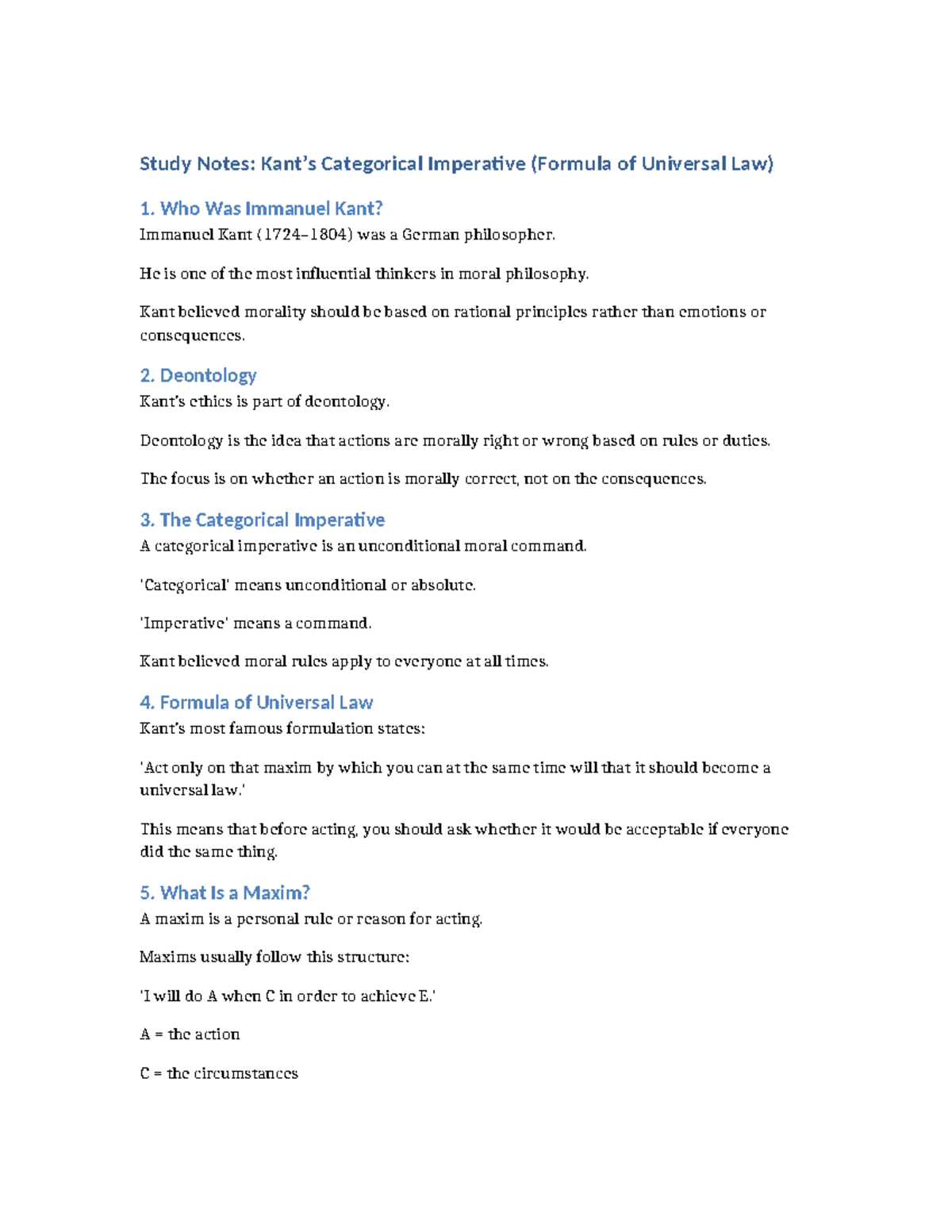 Kant Categorical Imperative Study Notes: Moral Philosophy Insights ...