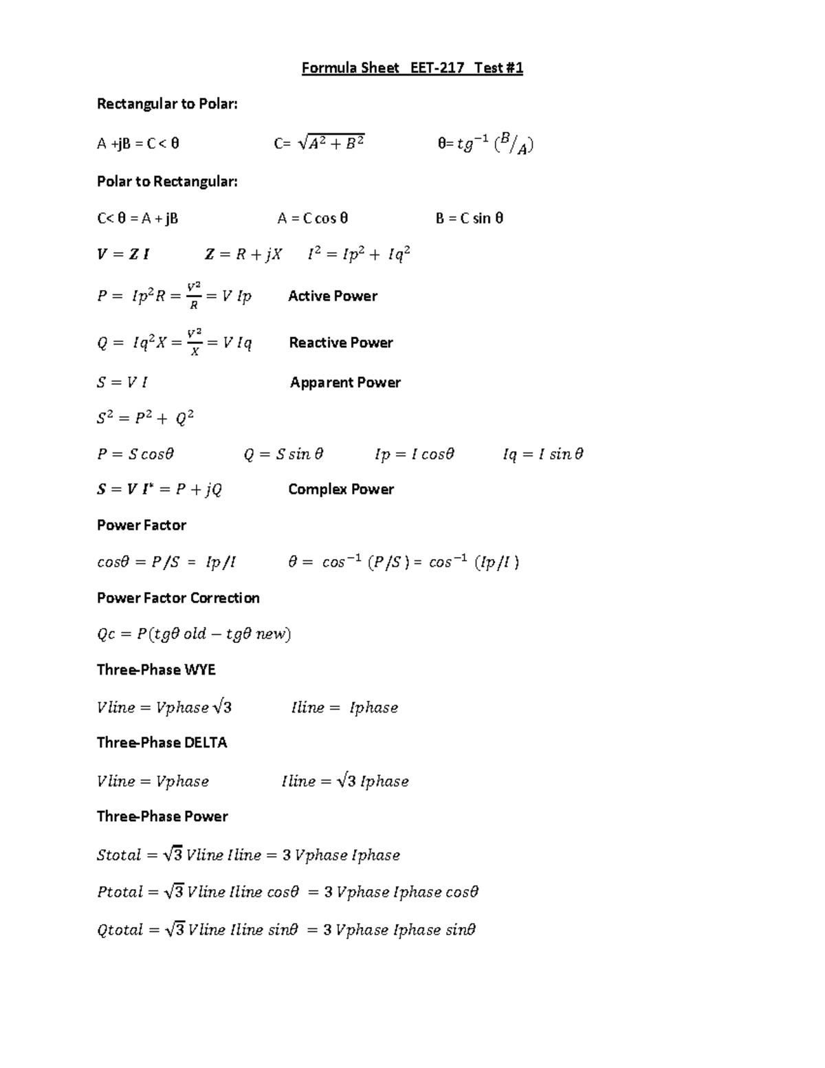 Formula Sheet for EET 217 Test 1: Key Concepts and Equations - Studocu