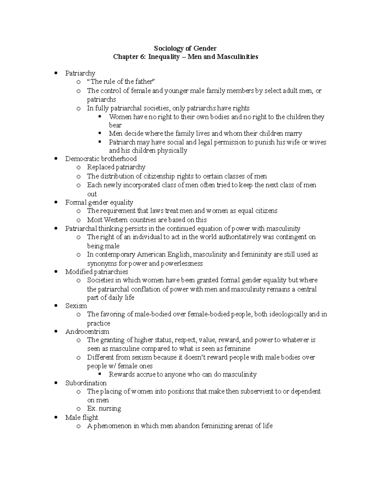 Sociology of Gender Chapter 6: Inequality Men and Masculinities - Studocu