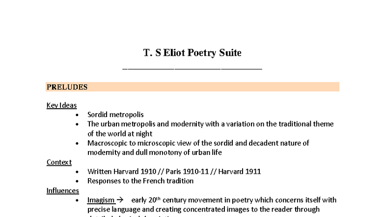 Mod B (Eliot) Notes: Key Ideas on Preludes, Prufrock, and Journey of a ...