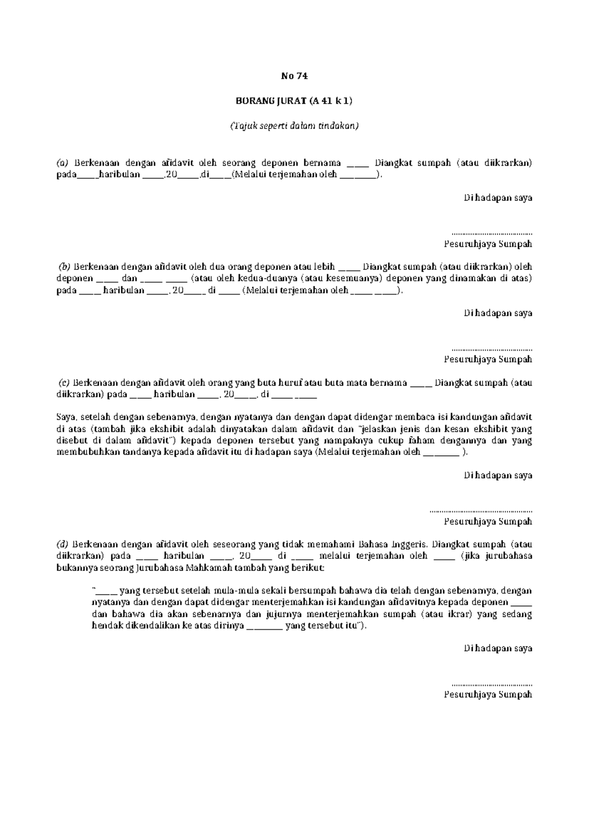 Borang No. 74 - ROC Sumpah dan Afidavit (A 41 k 1) - Studocu