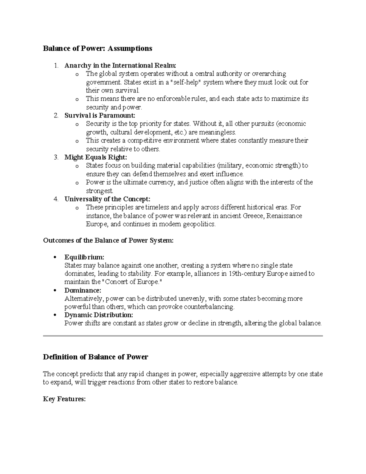 Balance of Power Notes: Key Assumptions and Mechanisms - Studocu