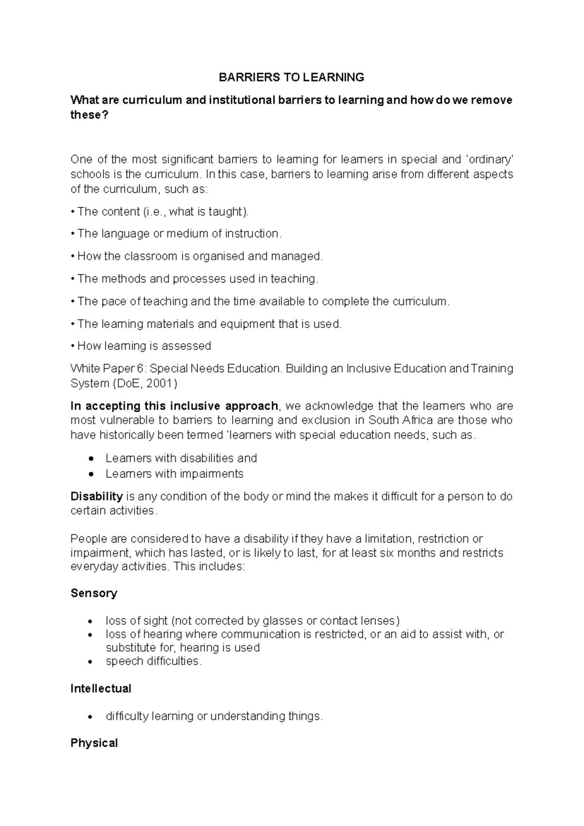 Curriculum and barriers to learning - BARRIERS TO LEARNING What are ...