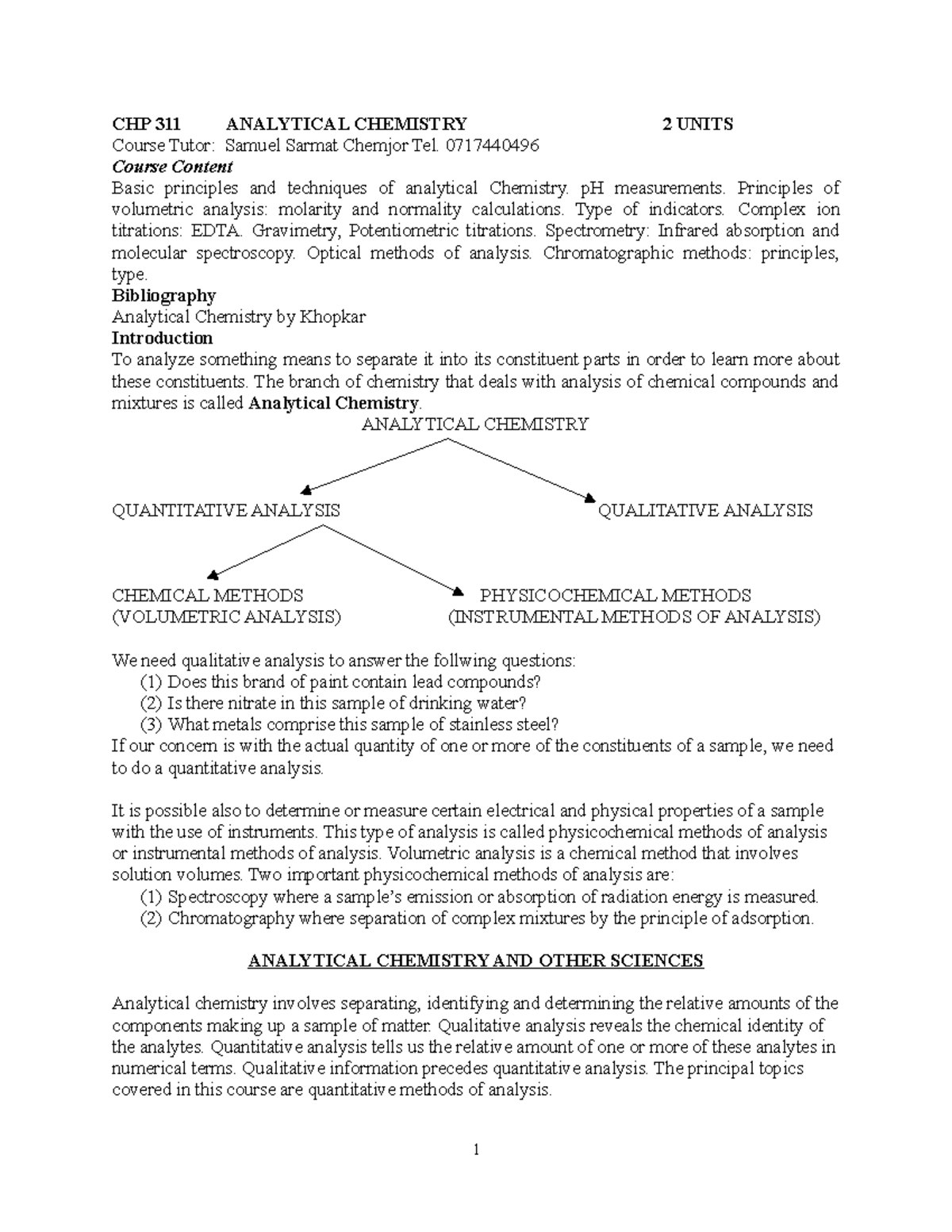 CHP 311 - Comprehensive Notes on Analytical Chemistry Techniques - Studocu