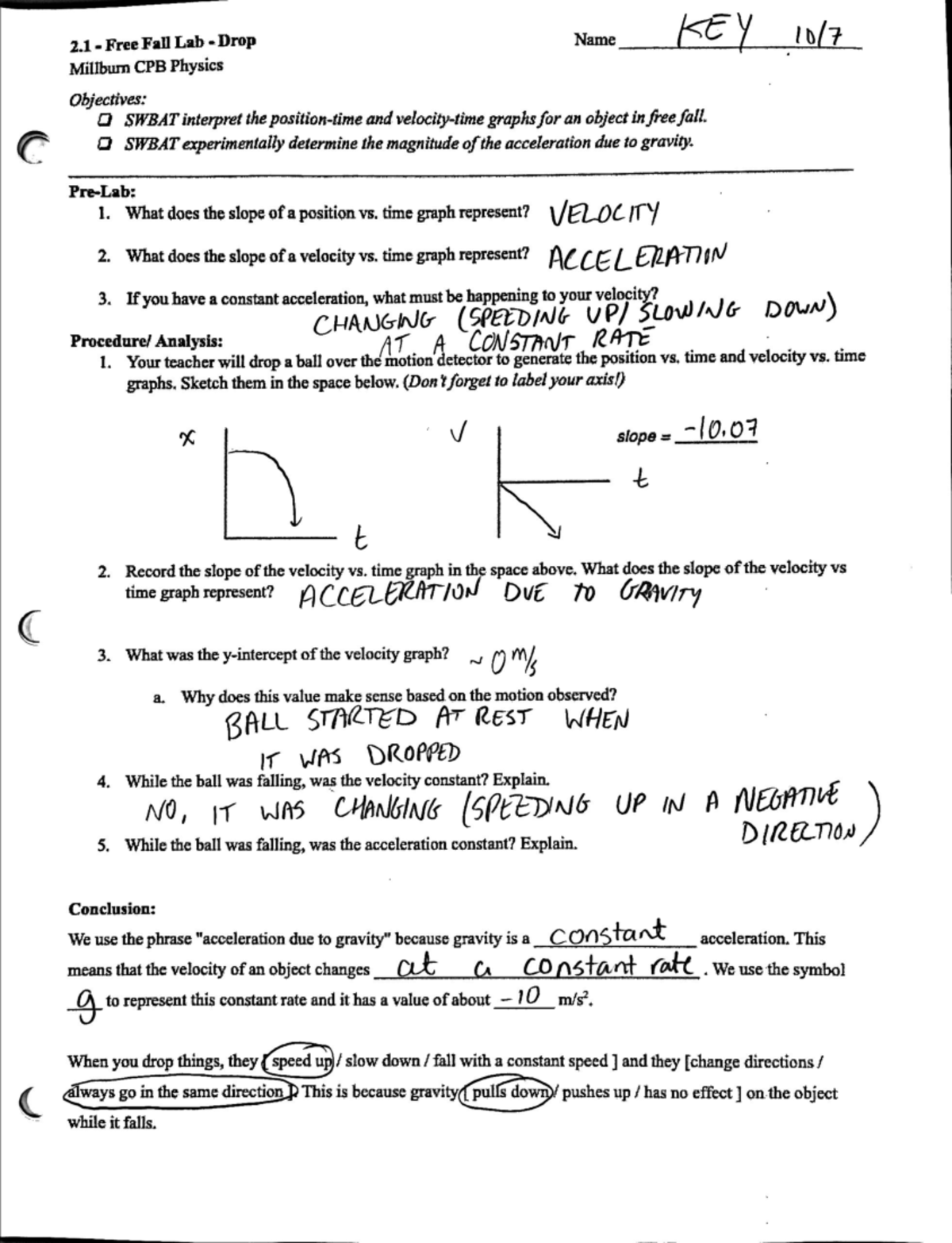2.1 - Free Fall Lab Drop Name KEY Analysis - Studocu