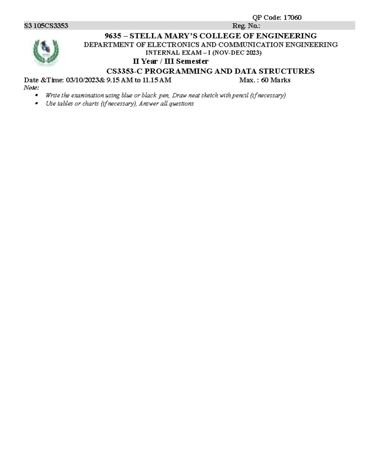 C programming and Data Structures - QP Code: 17060 S3 105CS3353 Reg. No ...
