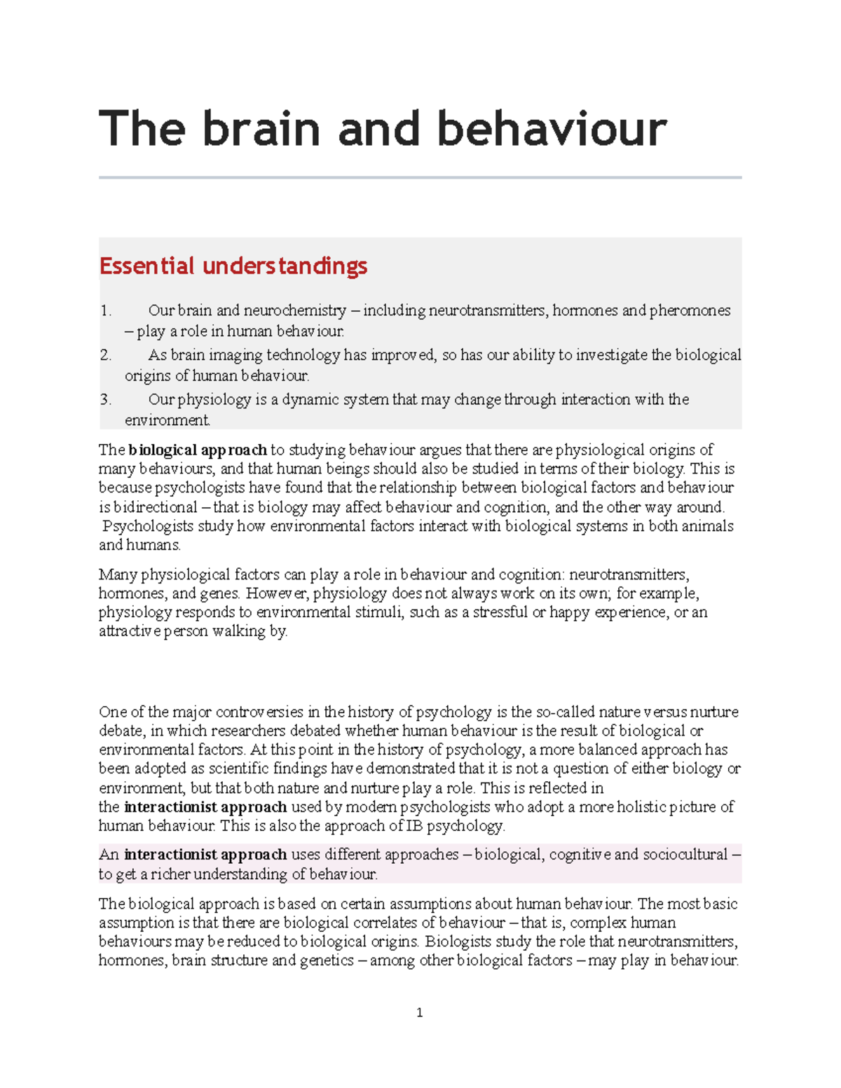 Biological Approach in Psychology: Key Notes for IB Exam (PSY 101 ...