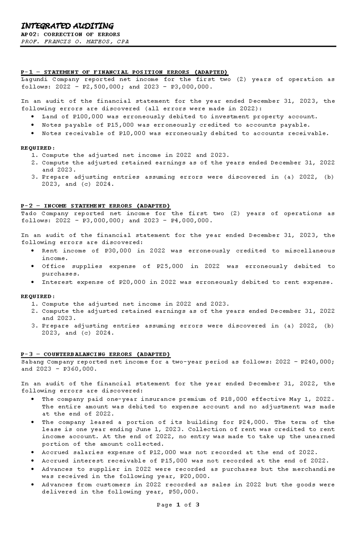 AP0 2: Integrated Auditing - Correction of Errors Overview and Adjustments - Studocu