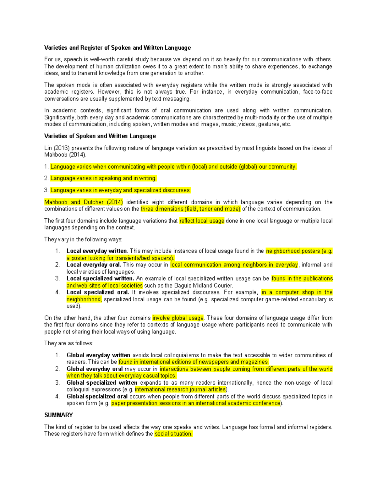 Varieties and Registers in Spoken & Written Language: A Study - Studocu