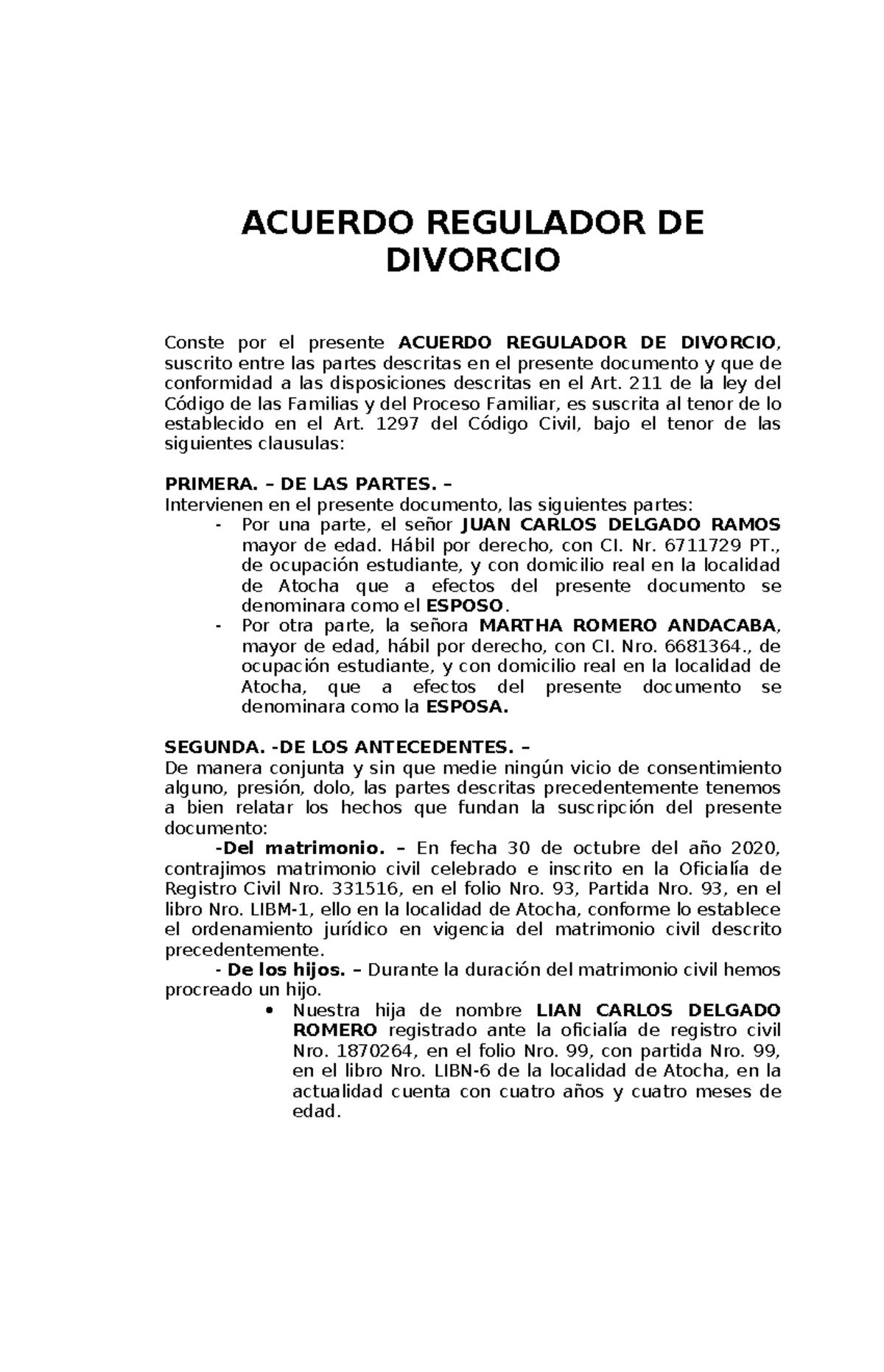 ACUERDO REGULADOR DE DIVORCIO: Martha y Carlos - Studocu