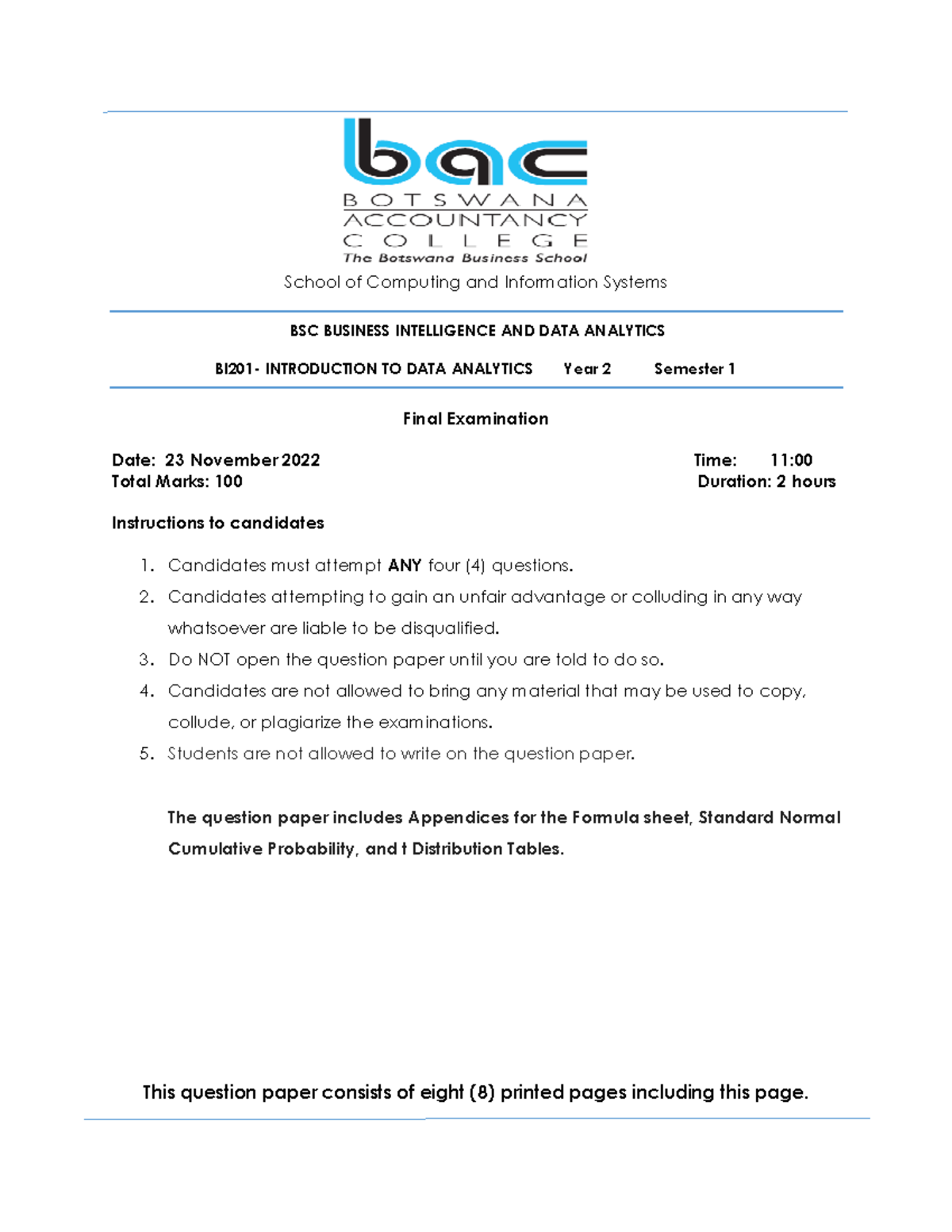 BSC BUSINESS INTELLIGENCE & DATA ANALYTICS IDA Final Exam 2022 Sem 1 - Studocu