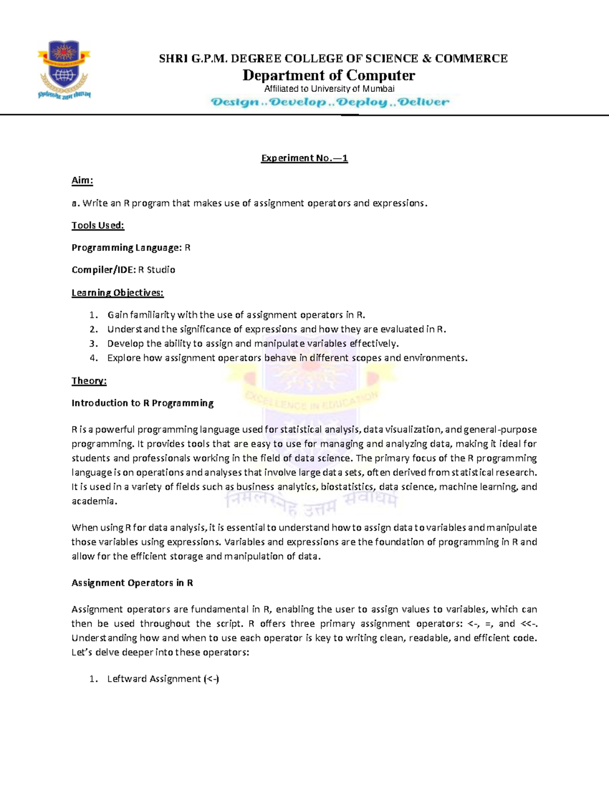 R Programming: Assignment Operators & Data Structures (CS101) - Studocu