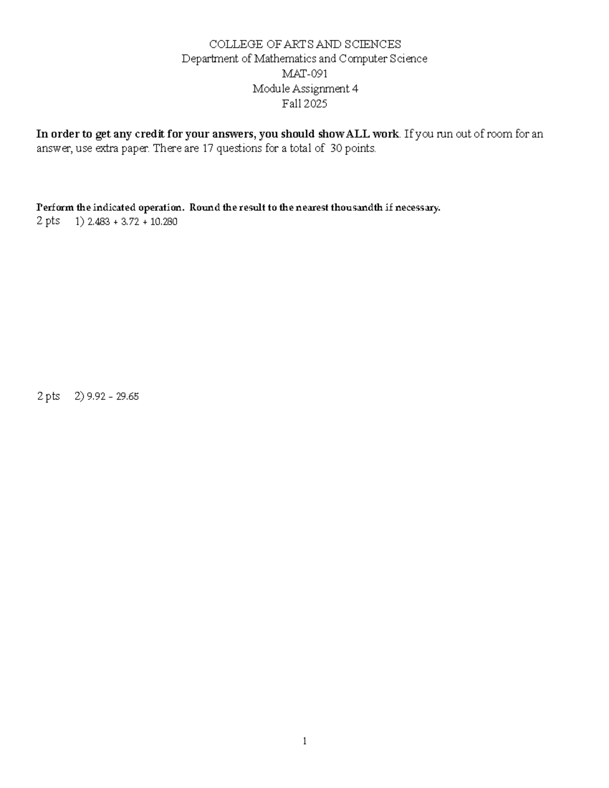 MAT-091 Module Assignment 4: Fall 2025 Math Operations - Studocu