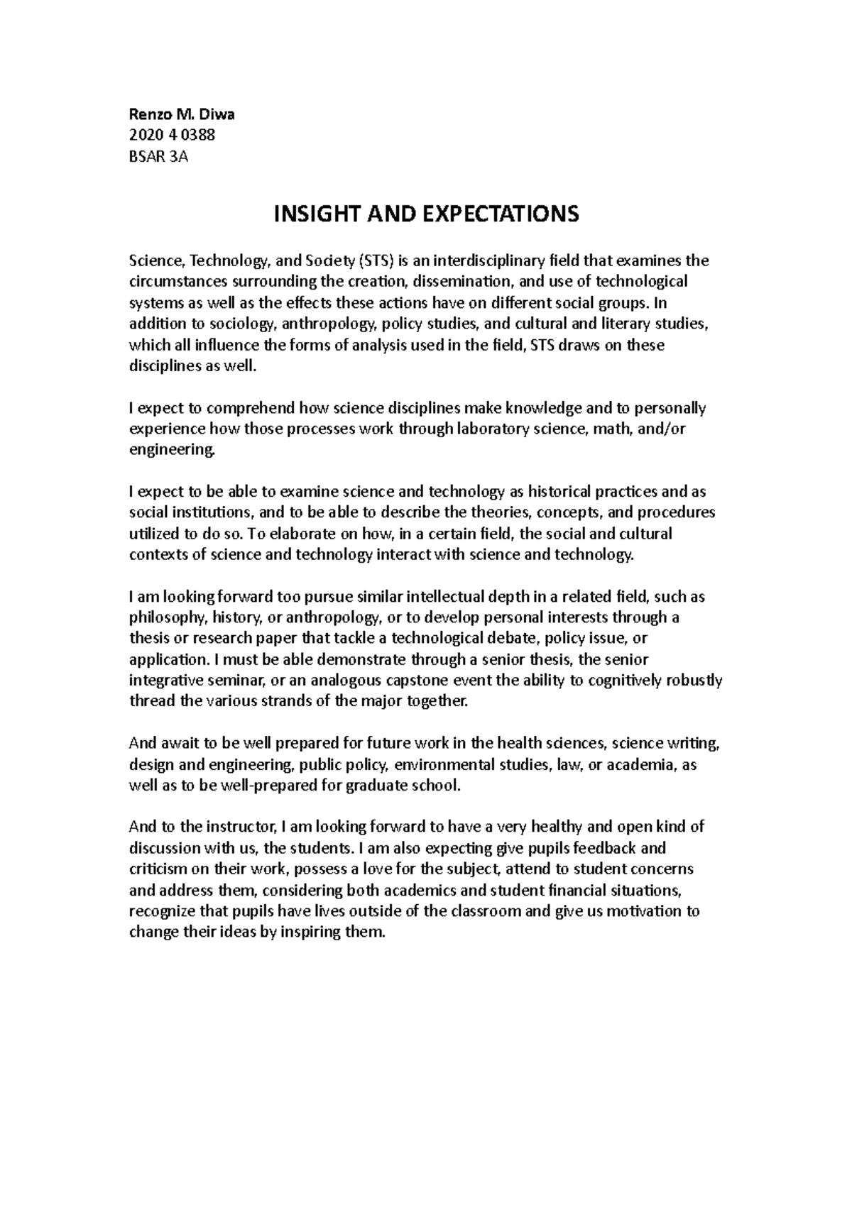 STS Insight & Expectations: Reflections on a Study Framework - Studocu