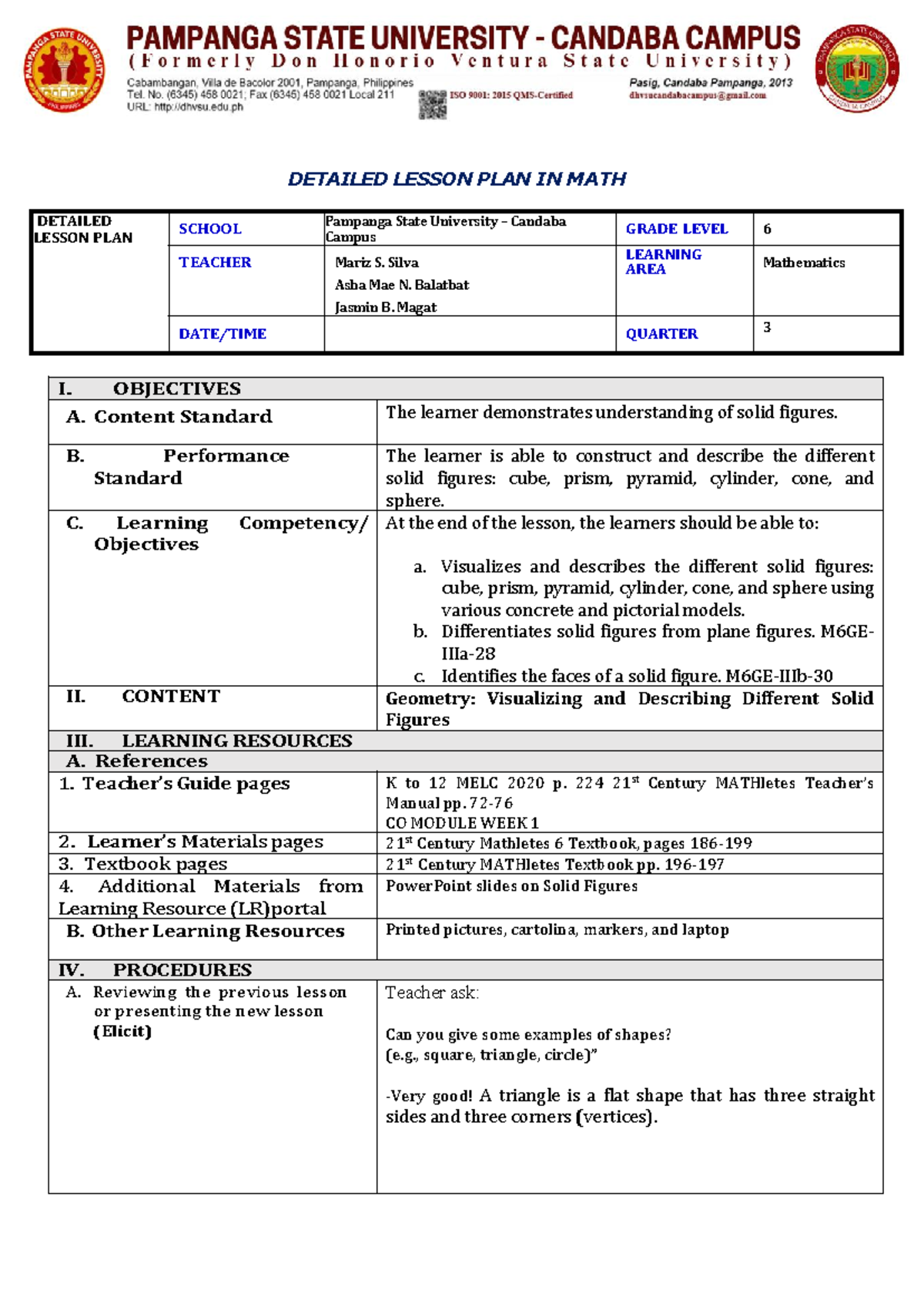 Detailed Lesson Plan in Math: Solid Figures for Grade 6 (Quarter 3 ...