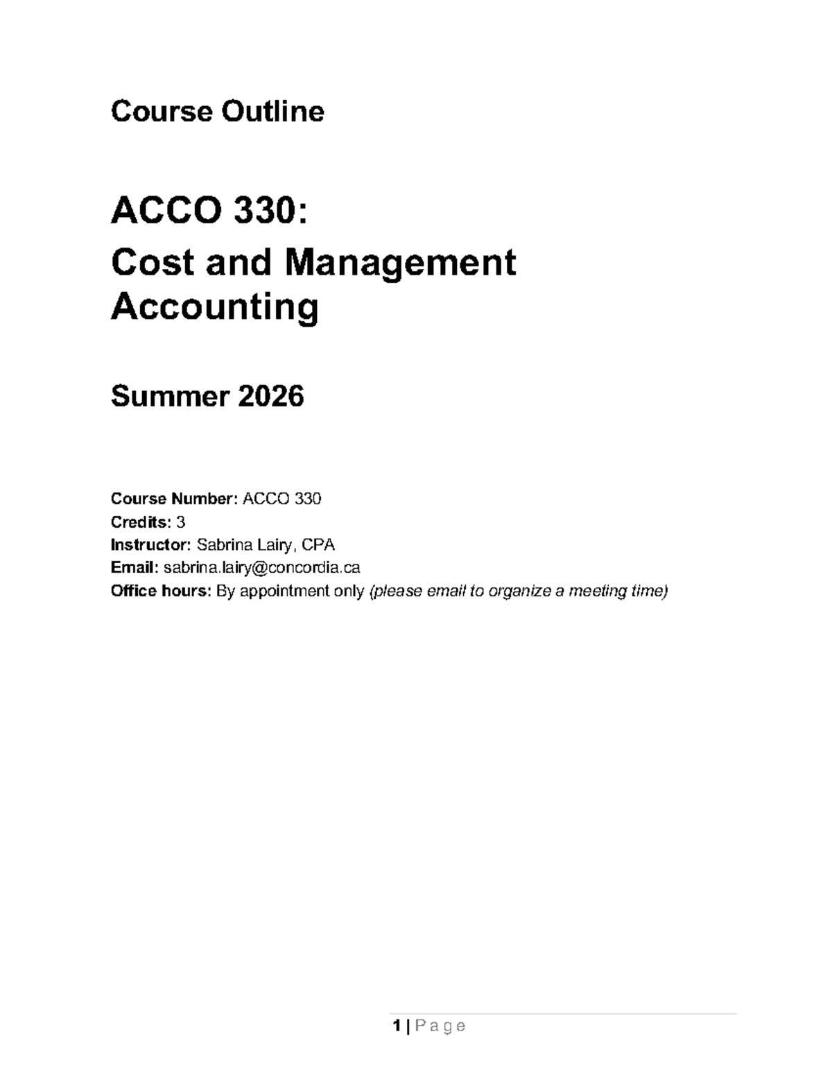 ACCO 330: Cost & Management Accounting Syllabus - Summer 2026 - Studocu