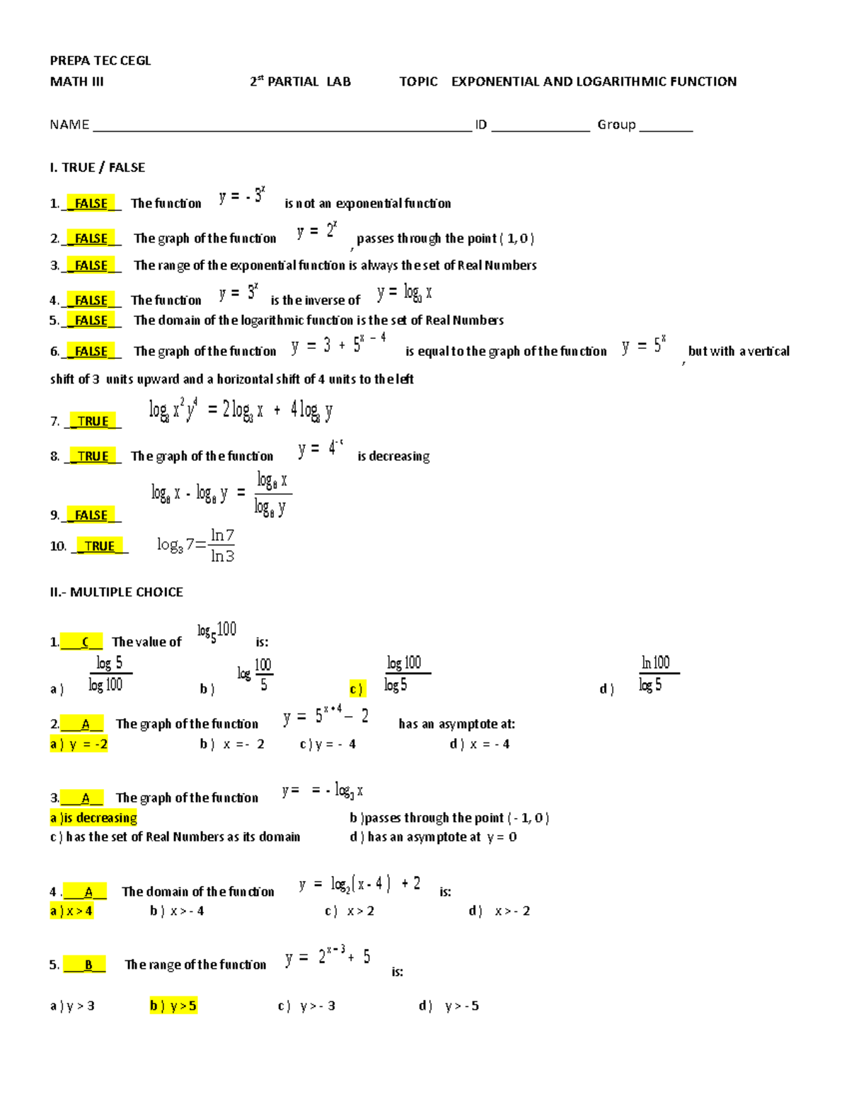 MATH III Lab: Exponential & Logarithmic Functions Answer KEY - Studocu
