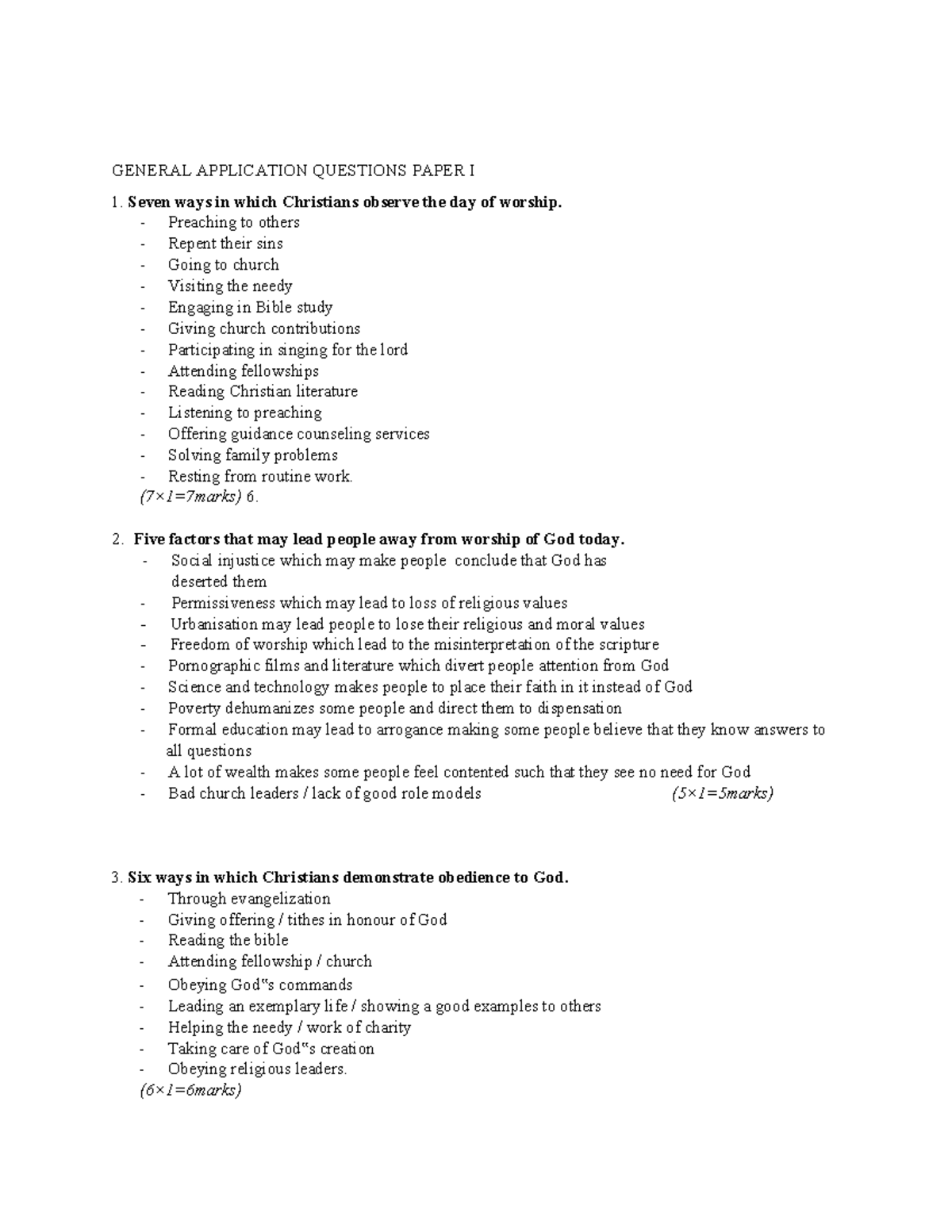 GENERAL APPLICATION QUESTIONS PAPER I: Christian Worship & Challenges ...