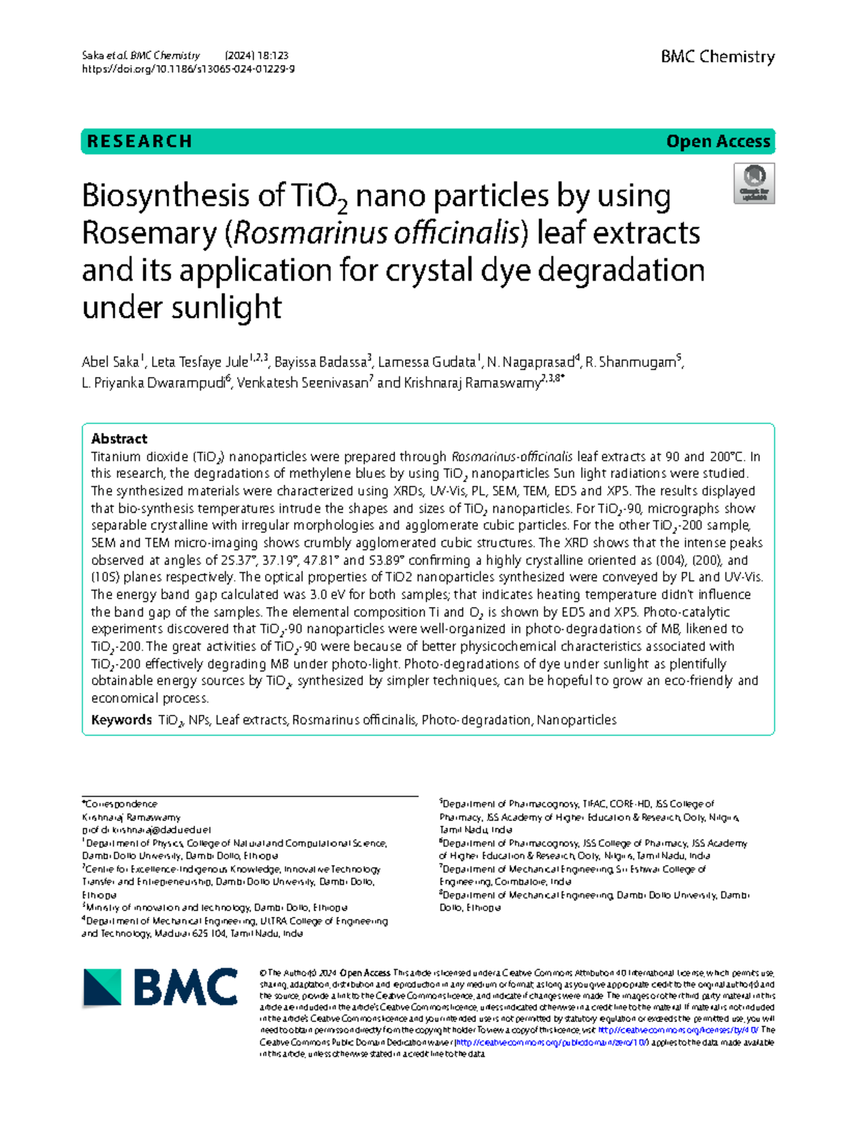 BMC Chemistry (2024) 18:123 - Biosynthesis of TiO2 Nanoparticles from ...