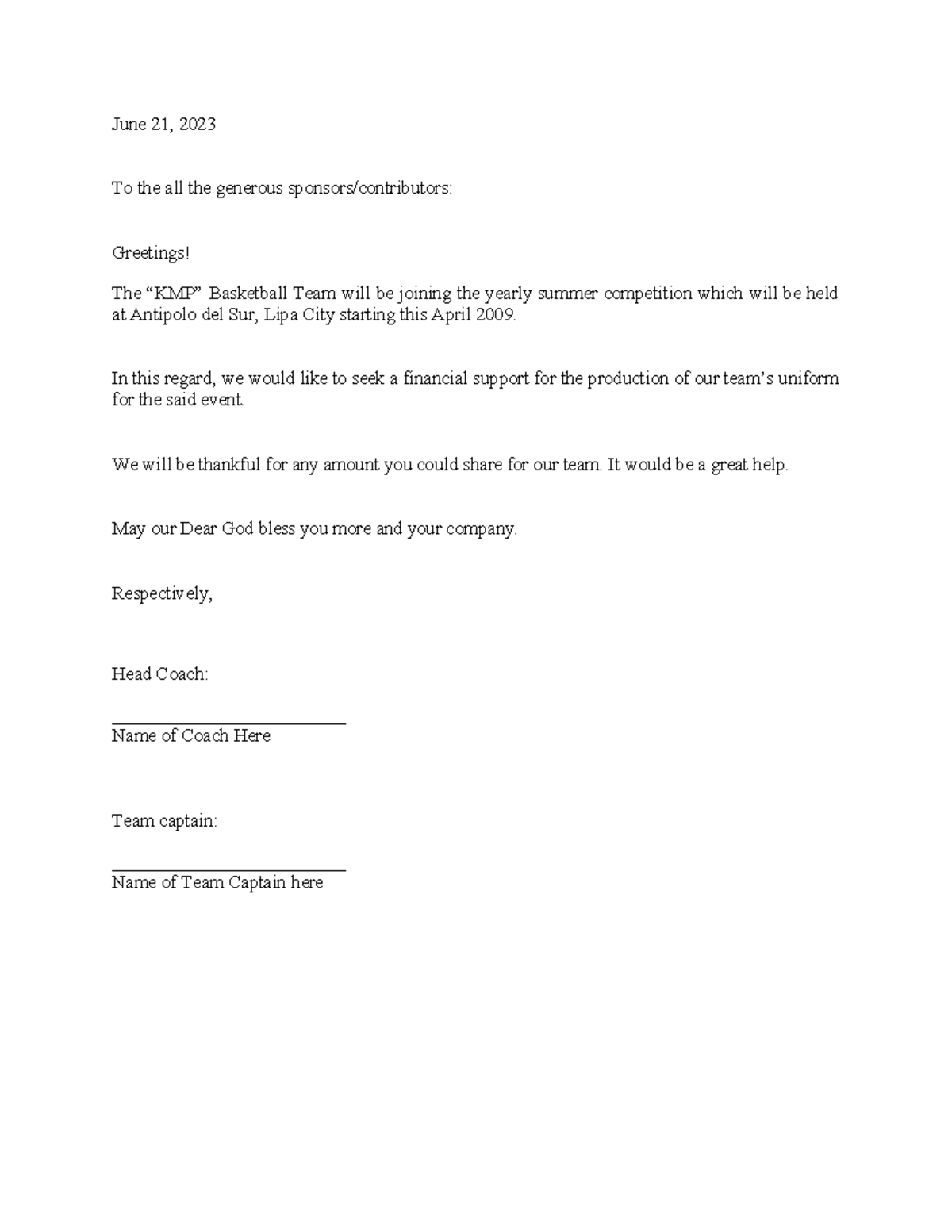 Solicitation Letter for Basketball - June 21, 2023 To the all the ...