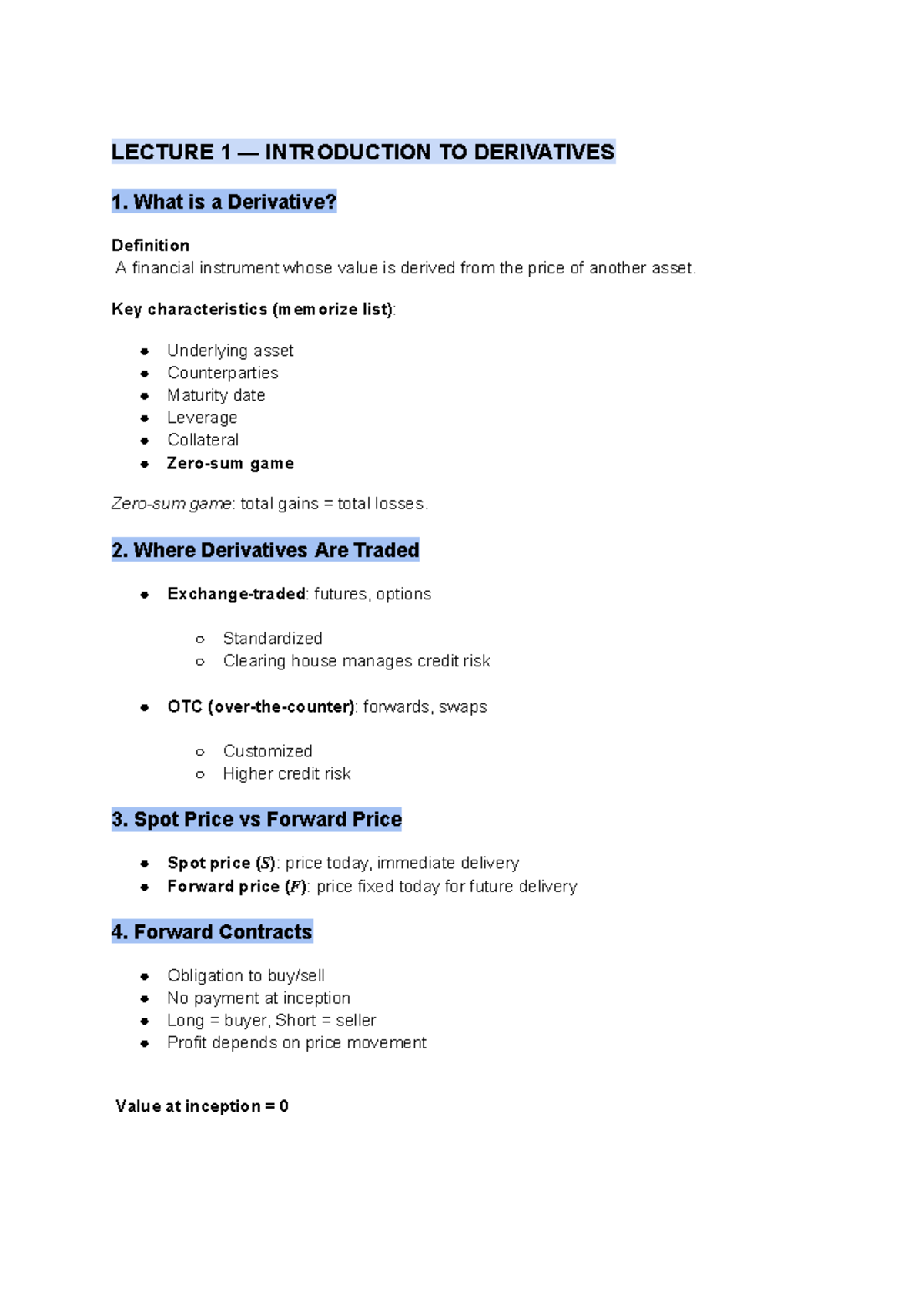 LECTURE 1: INTRO TO DERIVATIVES (S1) - Key Concepts & Characteristics ...