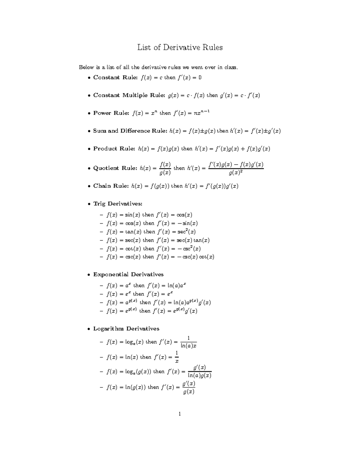 Derivative Rules Overview for Practice - Studocu