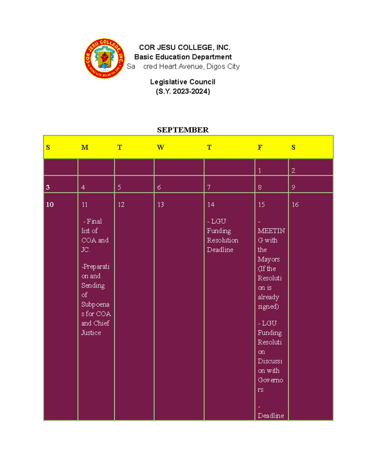 Legis Calendar of Activities for LGU Funding Resolution Meetings - Studocu