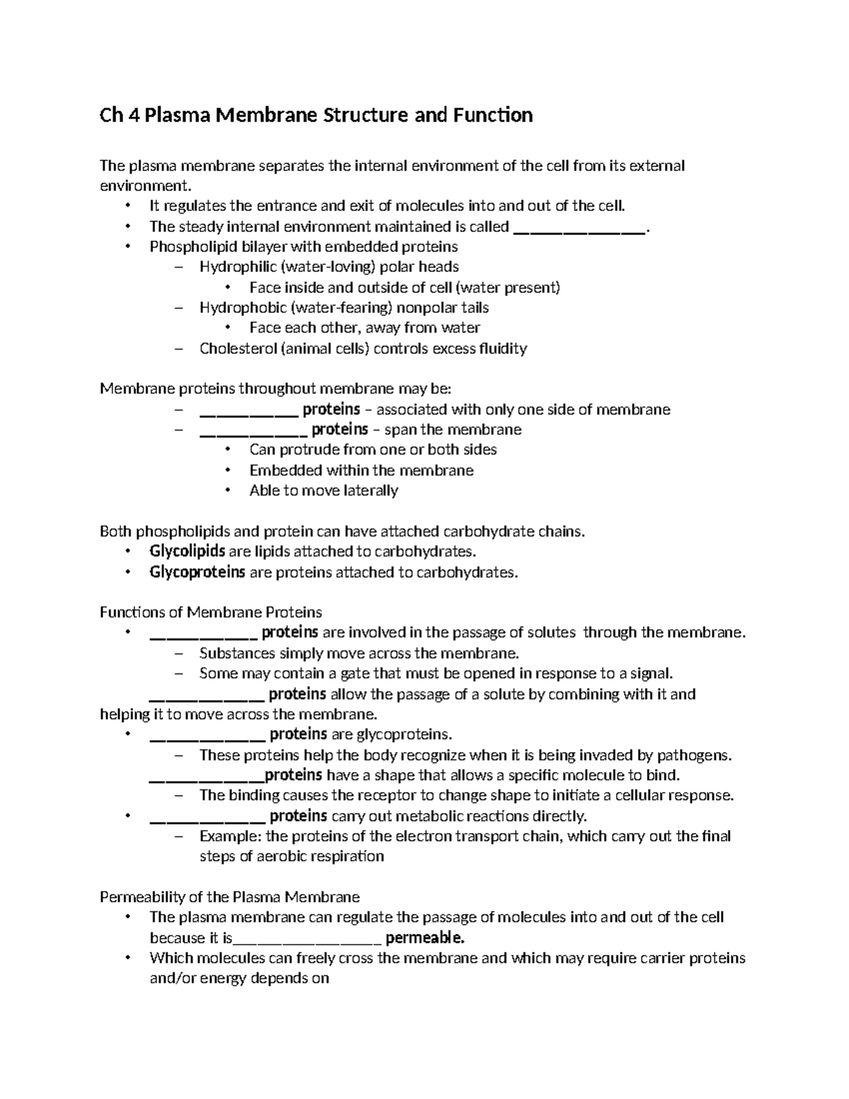Ch 4 FIB Notes: Plasma Membrane Structure & Function - Studocu