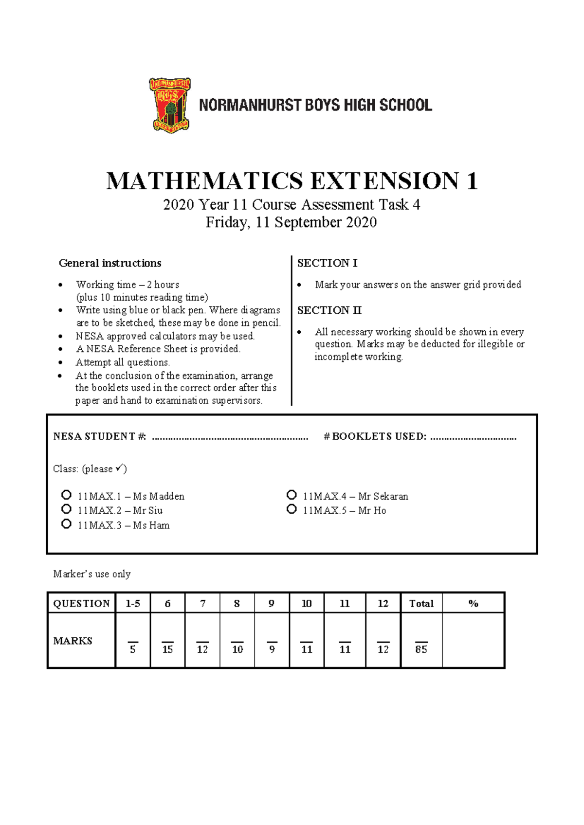 MATHEMATICS EXTENSION 1 2020 Year 11 Assessment Task 4 Solutions - Studocu