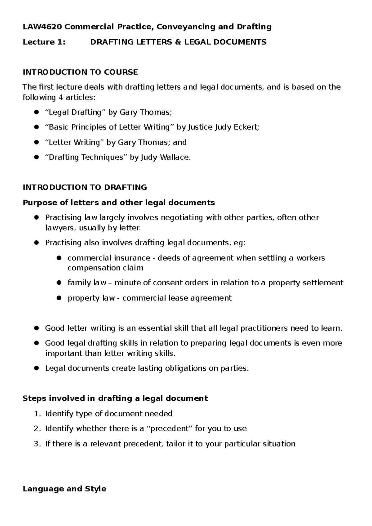 LAW4620 Commercial Practice: Lecture 1 on Drafting Legal Documents ...